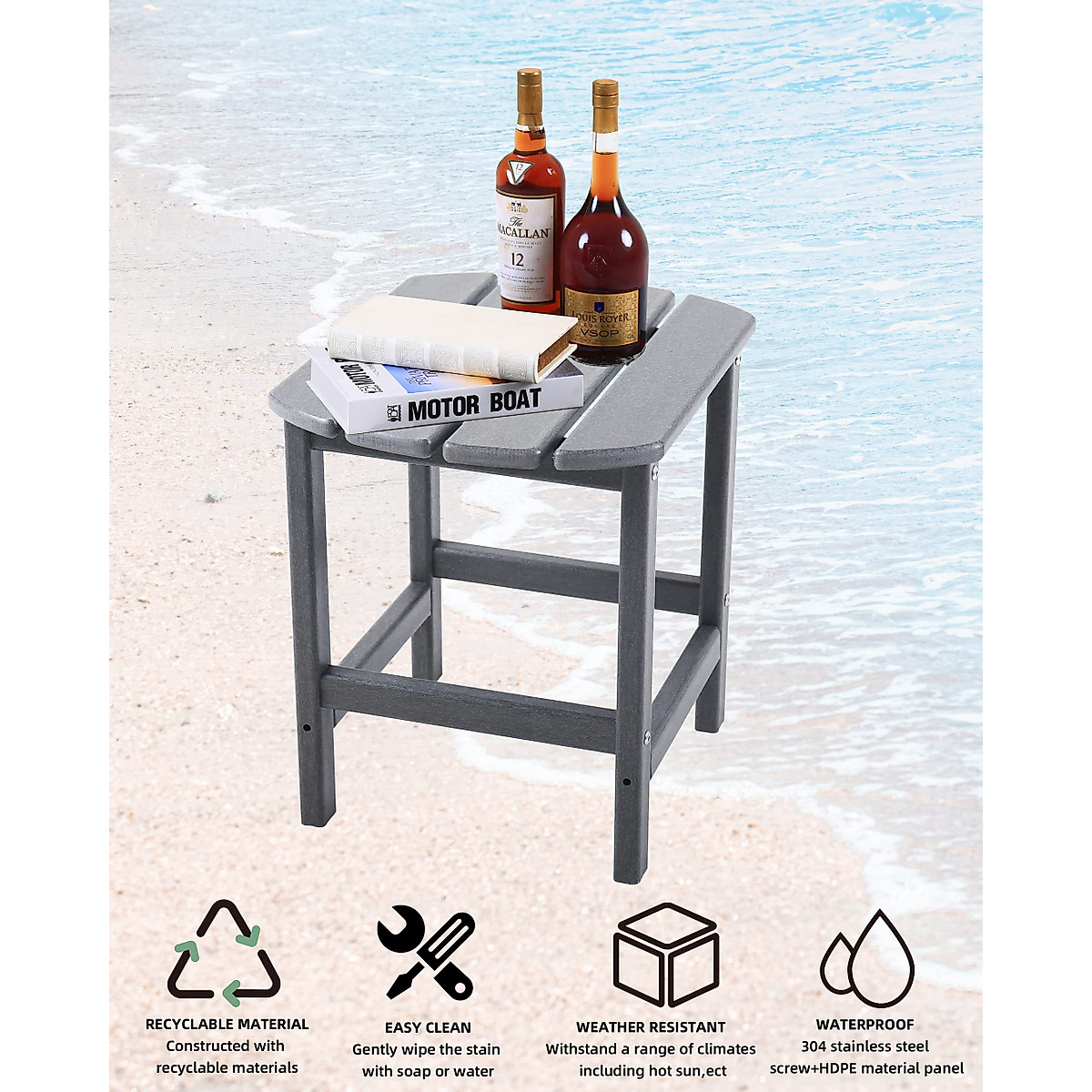 Adirondack Side Table, Outdoor Side Table Weather Resistant HDPE Small Patio Table for Indoor Outdoor (Oval Table, Grey)