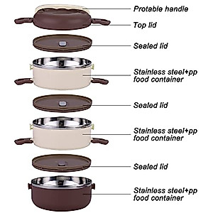 DILUOOU Stackable Lunch Box, 3 Tier Stainless Steel Thermal Lunch Box,Insulated Bento Lunch Box for Adult With Lunch Bag & Utensils (Brown)