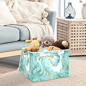 Blueangle Turquoise Marble Texture Storage Bins with Lids, 16.5 x 12.6 x 11.8 in, Large Collapsible Organizer Storage Basket for Home Office Décor（86）