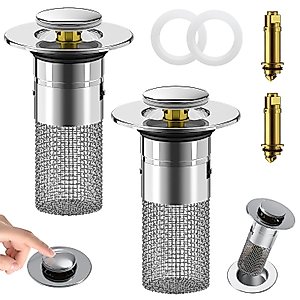 2Pcs Bathroom Sink Stopper Hair Catcher,Pop Up Sink Drain Filter with Removable Stainless Steel Filter Basket Hair Catcher, for US 1.1''-1.29'' Drain, Bathroom Sink Stopper Replacement