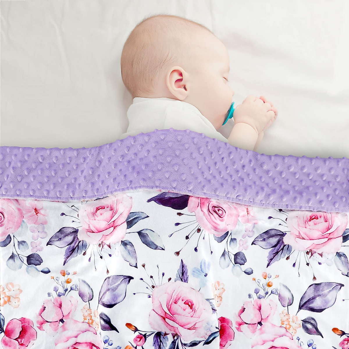 Baby Blanket and Bassinet Sheet Set for Baby Girls, Super Soft Floral Minky Fabric Dotted Backing and Universal Fit
