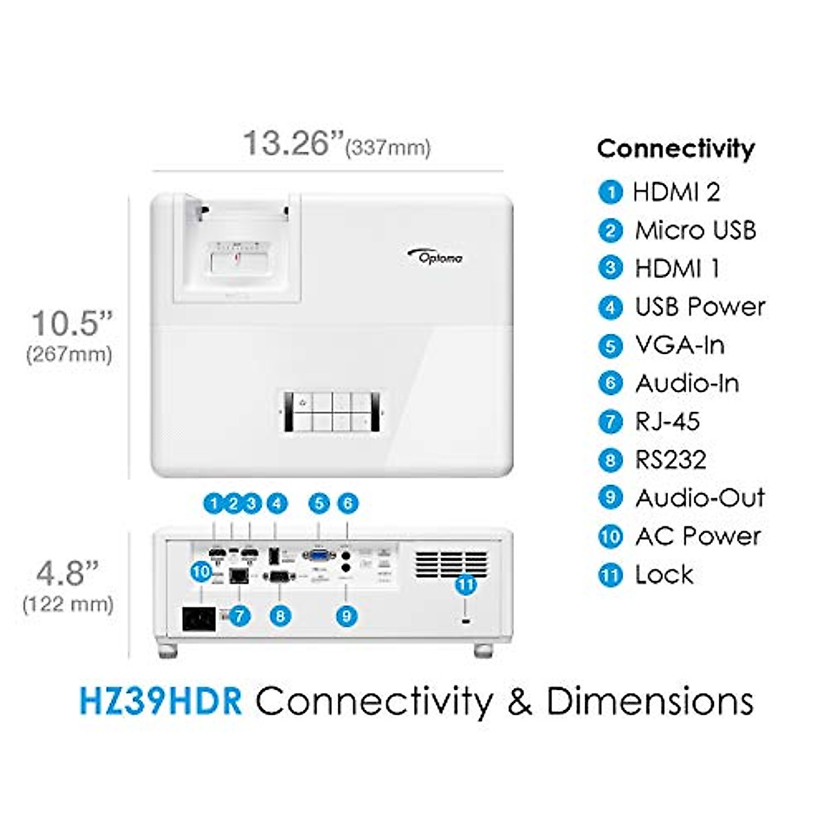 Optoma HZ39HDR Laser Home Theater Projector with HDR | 4K Input | 4000 lumens | Lamp-Free Reliable Operation 30,000 hours | Easy Setup with 1.3X Zoom | Quiet Operation 32dB | Crestron Compatible,White