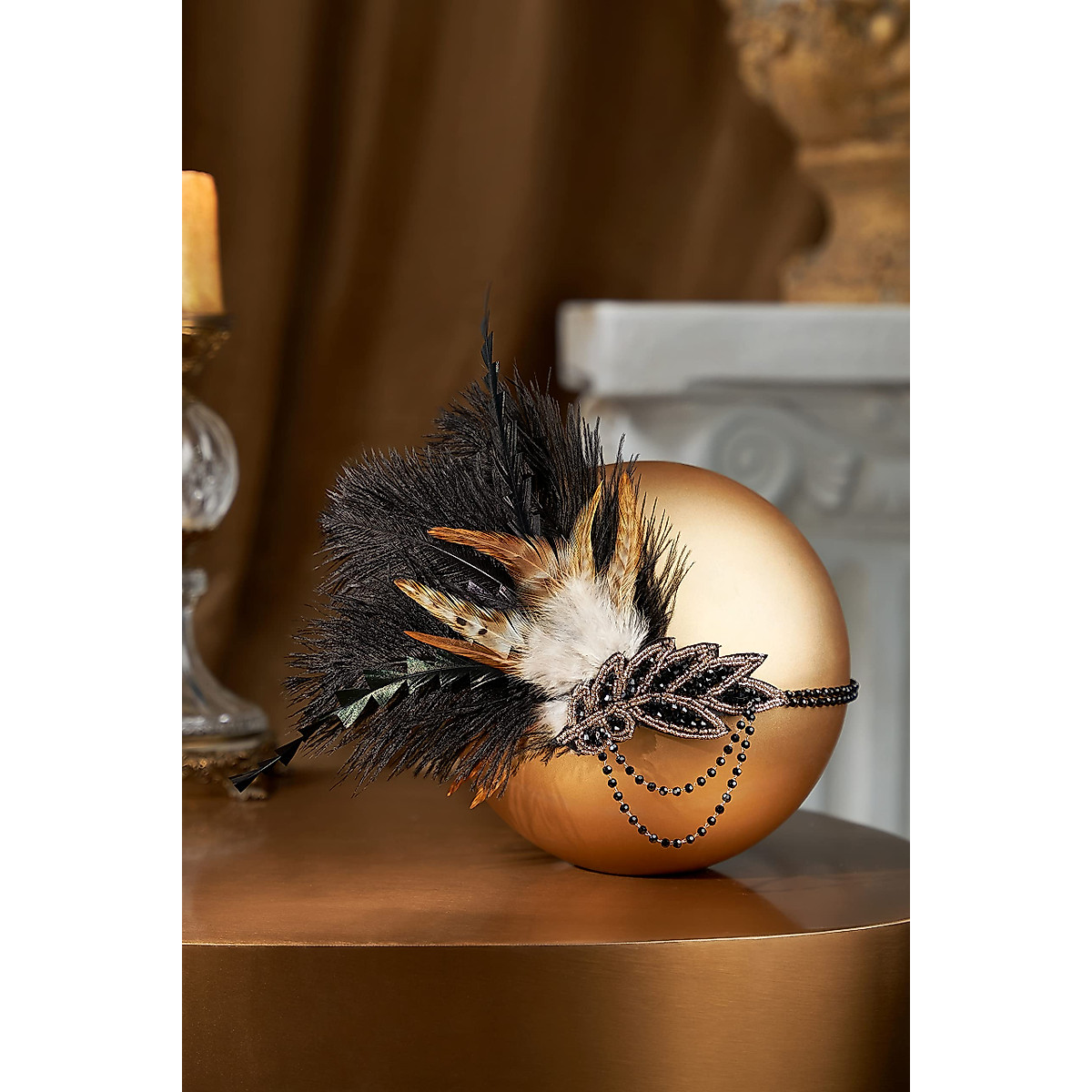 BABEYOND 1920s Headpiece Flapper Headband - Roaring 20's Sequined Showgirl Hair Band Black with Feather (Black)