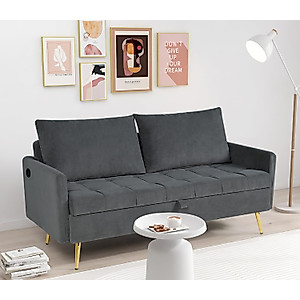 LINLUX 60" W Velvet Loveseat Sofa Couch with Storage, Small Love Seat Couches for Bedroom, Living Room, Office, Dorm, Comfy Cushion, 2 USB Charging Ports, Dark Grey