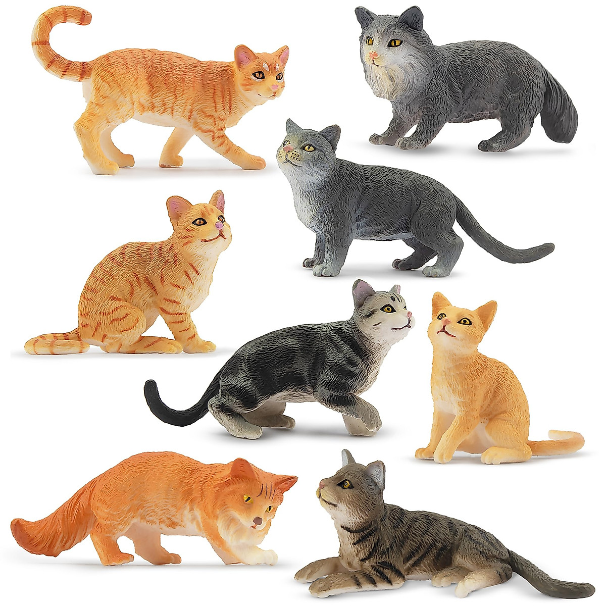 Toymany 8PCS Grey & Orange Cat Figurines Set, Realistic Cat Figures Kitten Toys, Cat Cake Toppers Christmas Birthday Gift for Kids Children