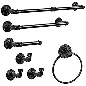 Bathroom Hardware Fixture Set Industrial Towel Bar Sets with Paper Towel Rack Wall Mount Hand Towel Holder Roll Ring Toilet Paper Holder and Pipe Robe Towel Holder Hanger for Farmhouse Home, 7 Pieces