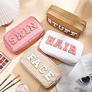 Remerry 4 Pcs Nylon Cosmetic Bag Travel Organizer Chenille Letter Makeup Pouch Zipper Preppy Waterproof Hair Bag Toiletry Pouch for Women Girls(Light Brown, Beige, Light Pink, White)