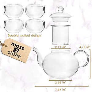 Moss & Stone 6 PCS Glass 27oz Tea Kettle Infuser Gift Set,Borosilicate Glass Teapot With Removable Glass Strainer, & 4 Cups Of 2.7 oz, Teapot With Strainer