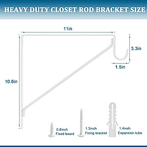 6PCS Heavy Duty White Closet Rod Brackets 11 x 11 Inch,1-3/8Inch Diameter Shelf and Rod Bracket Holder for Home and Closet Decor, Wall Mount Closet Pole Supports Bracket Hook with Screws