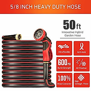 Palint Hybrid Garden Hose 50 ft x 5/8", Heavy Duty Flexible Lightweight No Kink Water Hose 50ft with 10 Function Sprayer Nozzle, 3/4'' Solid Brass Fittings, Ultra Durable, All-weather, Burst 600 PSI