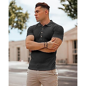 Muscle Polo Shirts for Men Short Sleeve Slim Fit Golf Shirts for Men Casual Dry Fit T Shirts Ribbed Knit Bowling Shirts Black Large