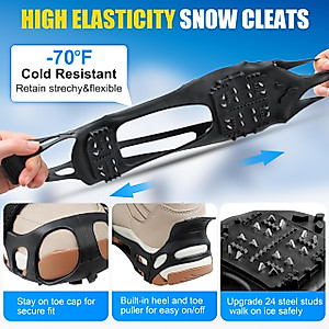 Ice Cleats for Shoes and Boots Men Women Snow Traction Cleats Crampons Anti Slip Shoe Grippers Spikes for Snow Ice Winter Walking Non-Slip 24 Studs Overshoe Slip-on Stretch Footwear