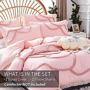 Rvciby Boho Flower Duvet Cover Queen Size Girl,Soft Microfiber Bedding Set with Tassel and Tufted Pattern,3 Pieces,1 Duvet Cover with Zipper Closure &Corner Ties and 2 Pillow Shams,90X90 Inches (Pink)