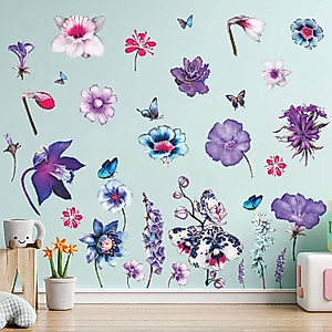 25 Pieces Purple Cluster Flowers Wall Decals Morning Glory Wall Stickers Peony Wall Decal Lotus Wall Sticker DIY Removable Butterfly Decor for TV Background Girls Bedroom Nursery Classroom Living Room