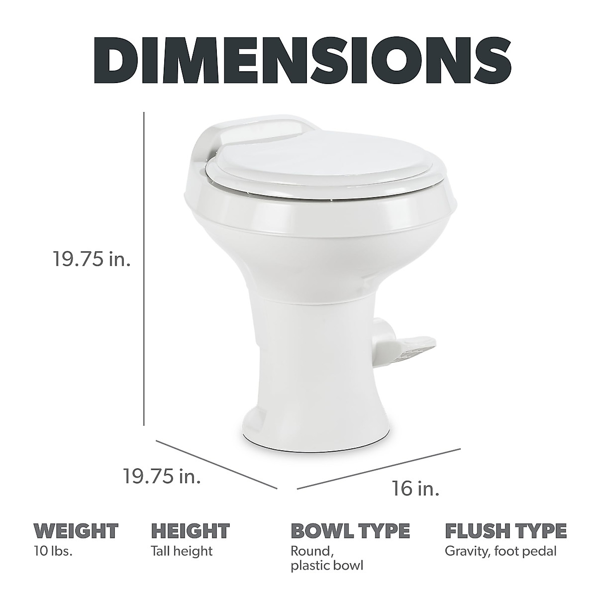 Dometic 300 Series Gravity-Flush RV Toilet | Powerful Triple-Jet Action Flush with Adjustable Water Level | Standard Height Flush with Foot Pedal for RVs, Trailers, and Outdoor Campers