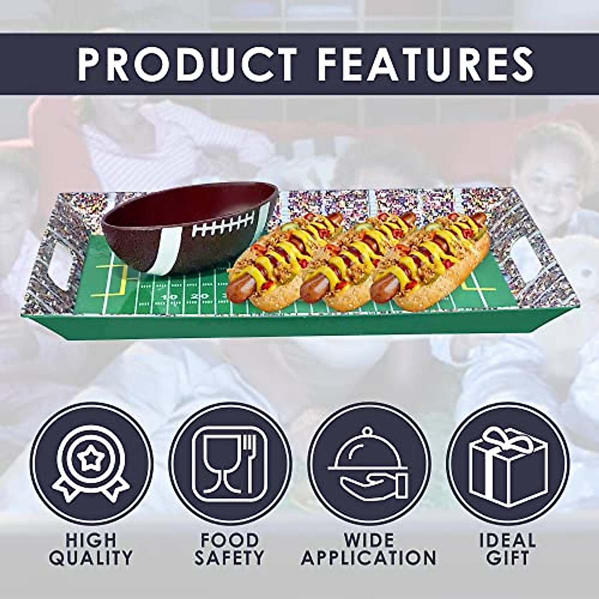 Football Stadium Serving Tray and Bowl, Reusable Game Trays for Football Gameday, Birthday Parties, Tailgate Party Decorations, Chip N Dip Hard Plastic Set