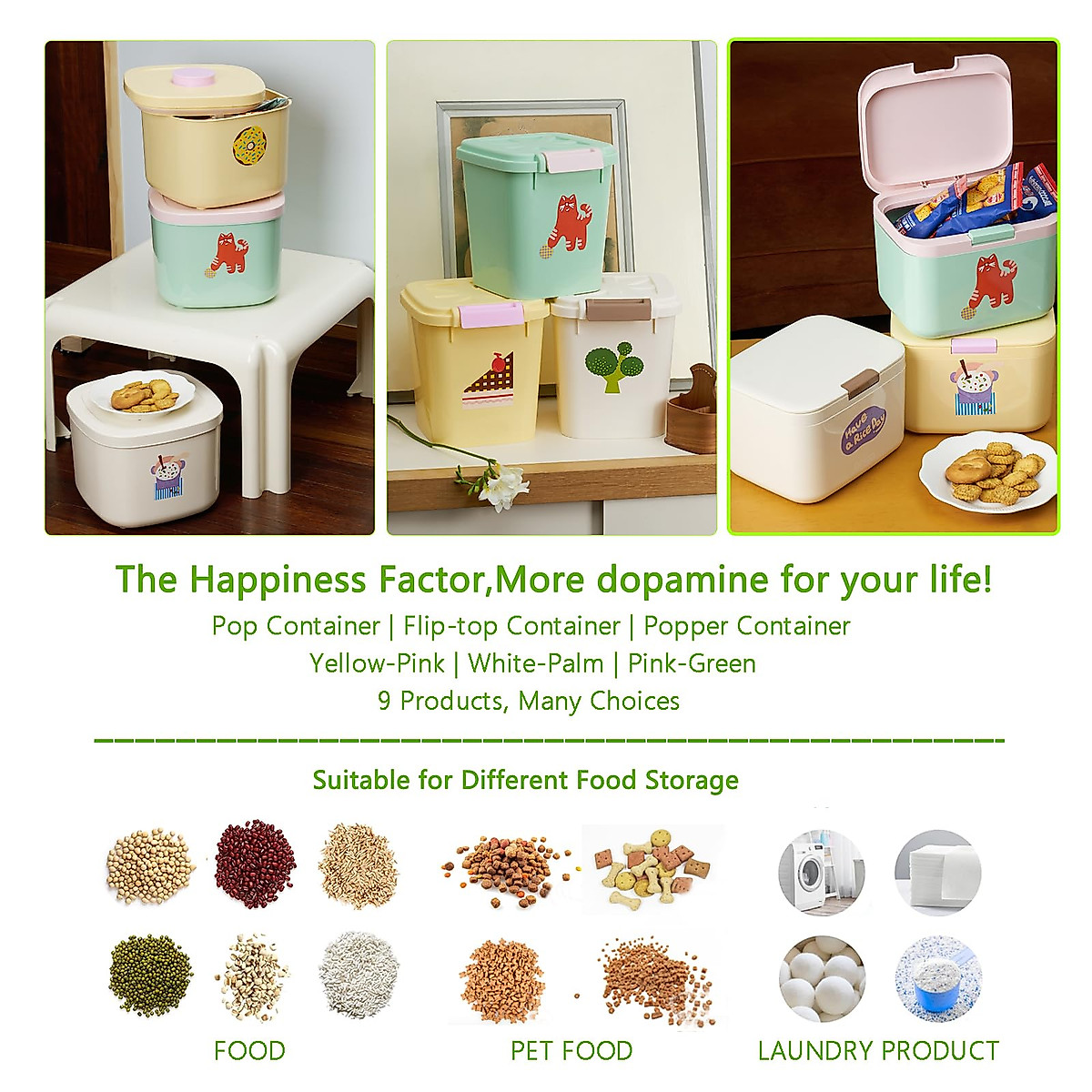 LivLab Rice Dispenser 5 Lbs Storage Container Bin with Measuring Cup Food Cereal Container Bins Household for Kitchen Pantry Organization (Pink-Green)