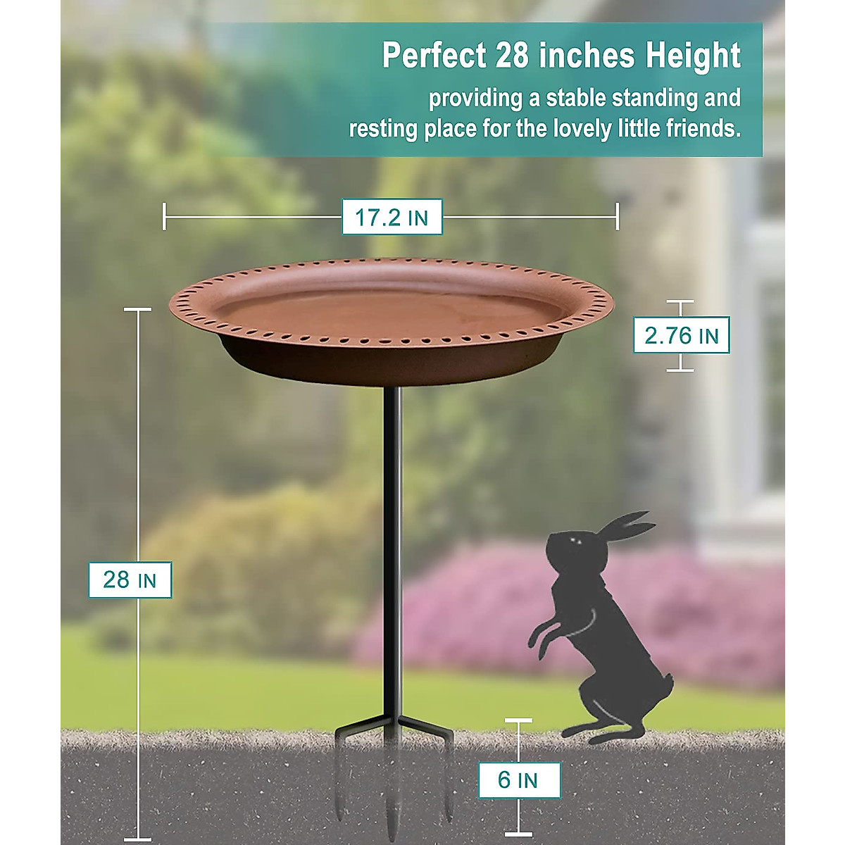 Garbuildman Extra-Large Freestanding Birdbaths Bowl, Detachable Decoration Spa with Metal Stake Stand & Birdfeeder for Outdoor Garden, Oval Style, Chocolate