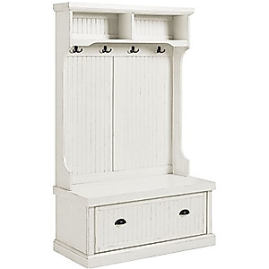 Crosley Furniture Seaside Hall Tree, Entryway Bench with Coat Rack and Shoe Cabinet, Distressed White