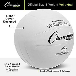 Champion Sports Rubber Volleyball, Official Size, for Indoor and Outdoor Use - Durable, Regulation Volleyballs for Beginners, Competitive, Recreational Play - Premium Equipment - White, VR4
