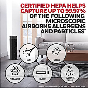 Honeywell AllergenPlus Series Compact HEPA Air Purifier Tower, Allergen Reducer for Large Rooms (200 sq ft), Black - Wildfire/Smoke, Pollen, Pollen, Pet Dander & Dust Air Purifier, HPA175