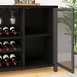 IBF Black Coffee Bar Cabinet, Liquor Cabinet with Wine Rack Storage, Industrial Kitchen Buffet Cabinet for Liquor and Coffee, Farmhouse Wine Cabinet for Home Living Dining Room, Black Oak, 55 Inch