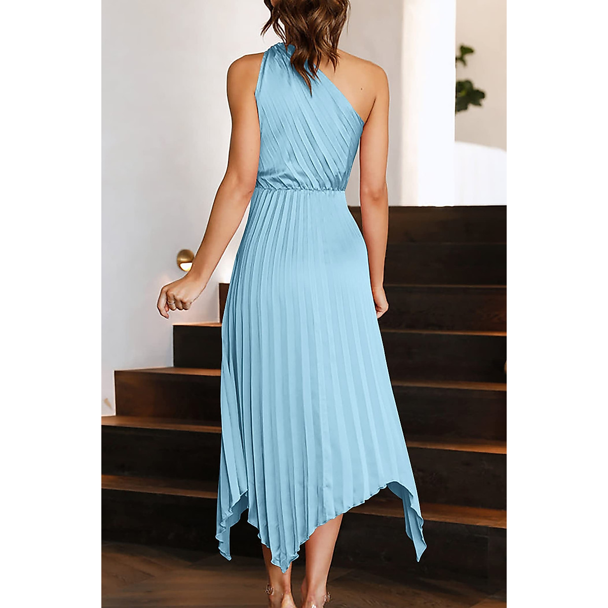 PRETTYGARDEN Women's Summer Long Satin Dress One Shoulder Sleeveless Ruched Twist Flowy Maxi Dresses (Light Blue,Small)