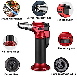 2 Pack Blow Torch,Refillable Butane Torch Kitchen Cooking Torch Lighter with Safety Lock Adjustable Flame for Creme Brulee BBQ Baking—Butane Gas Not Included (Black/Red)