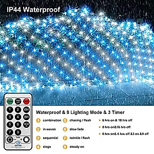 Net Lights Outdoor Christmas Net String Lights Plug in 9.8ft x 6.6ft Connectable Mesh Fairy Light 200 LEDs Waterproof Garden Tree Lights 8 Modes with Remote for Yard Fence Gazebo Decor(White+Blue)
