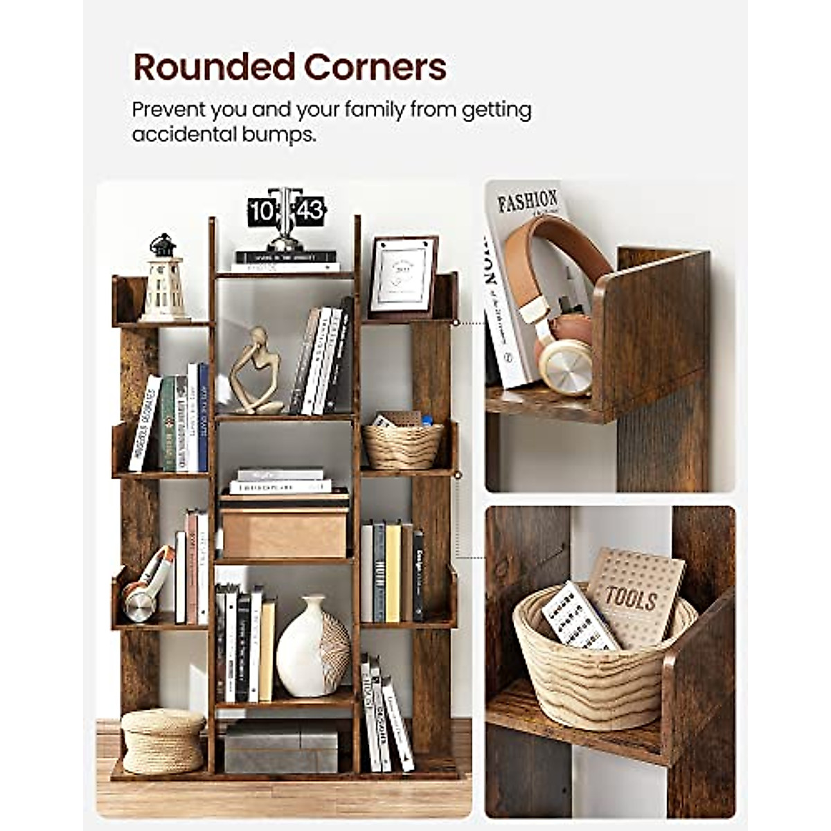 VASAGLE Bookshelf, Tree-Shaped Bookcase with 13 Storage Shelves, Rounded Corners, 9.8”D x 33.9”W x 55.1”H, Rustic Brown ULBC67BXV1