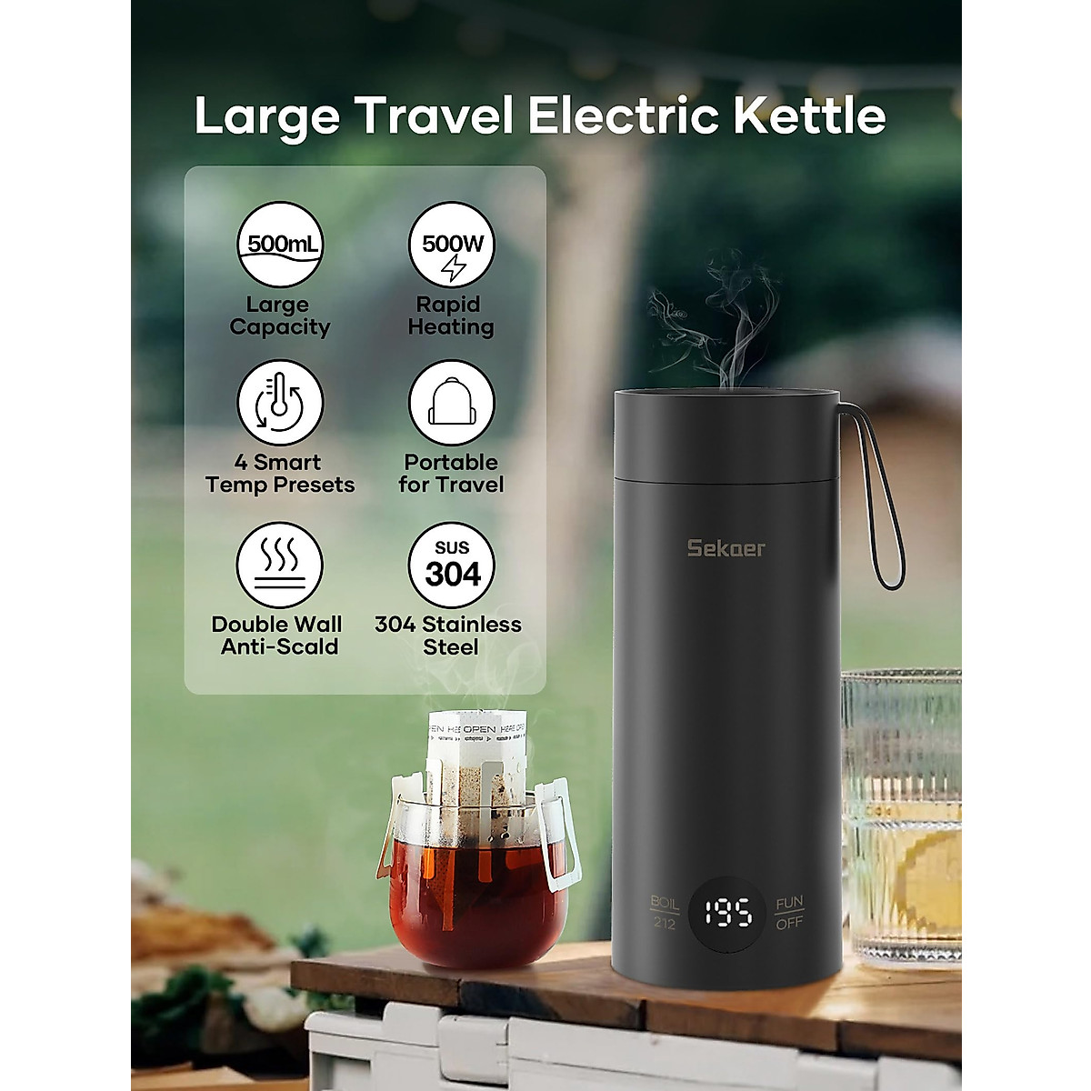 Sekaer Small Travel Portable Electric Kettle, Mini Tea Kettle Hot Water Boiler, 0.5L & 500Watts, with 4 Variable Presets and 304 Stainless Steel, SKE-850B