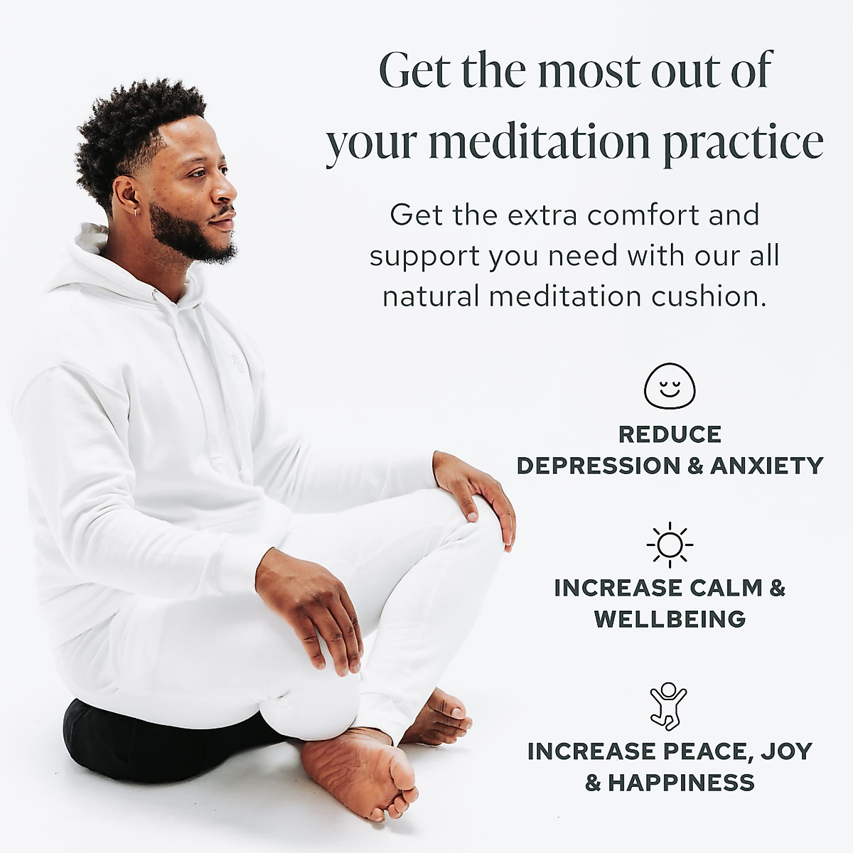 Mindful & Modern Large Meditation Cushion | Zafu Yoga Bolster Meditation Floor Pillow Seat | Buckwheat Hull Filled Crescent Shaped Cushion with Removable Washable Cover + Carry Handle (Minimal Black)