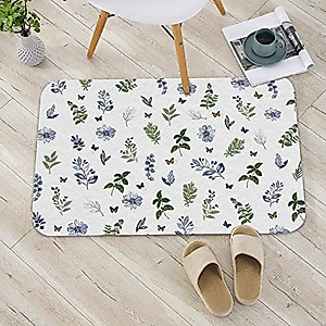 Welcome Doormat Green Leaf Flowers Butterfly White,Rubber Backing Kitchen Carpet Pastoral Botanical,Durable Washable Entry Rugs for Bedroom Dining Room Front Door Decor 16x24In