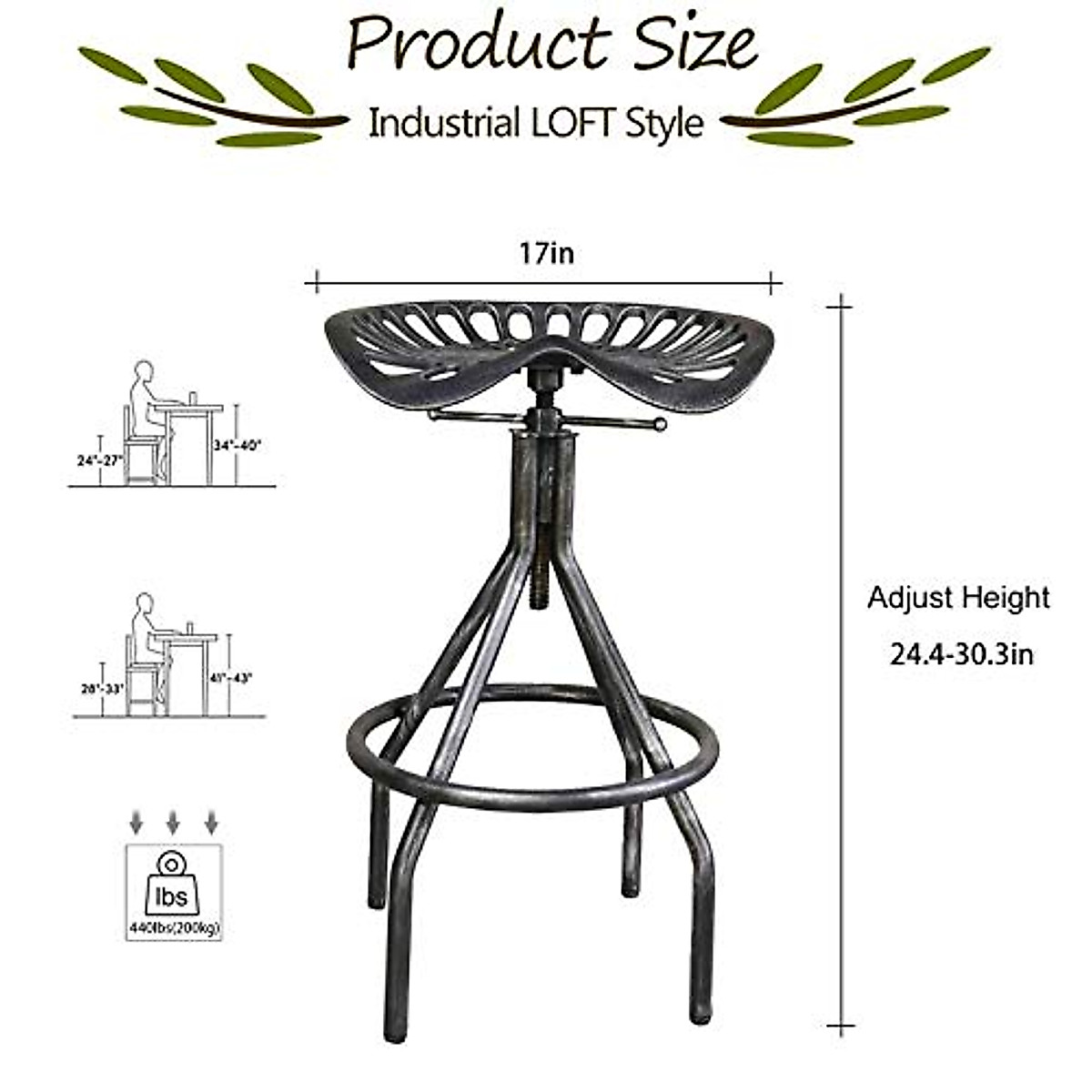 Lisuden Industrial Tractor Seat Barstools Farmhouse Cast Iron Adjustable Counter Height Stools Swivel Kitchen Saddle Bar Stools Set of 2 Metal Black Brush Silver Dining Chair 24"-30"