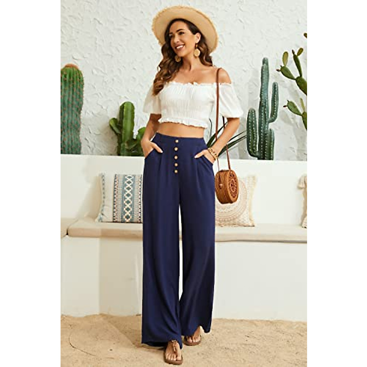 SVALIY Women Flowy Pants Cotton Linen Wide Leg Palazzo Pants Long Lounge Slacks High Waist Button Trousers Pocket Navy M