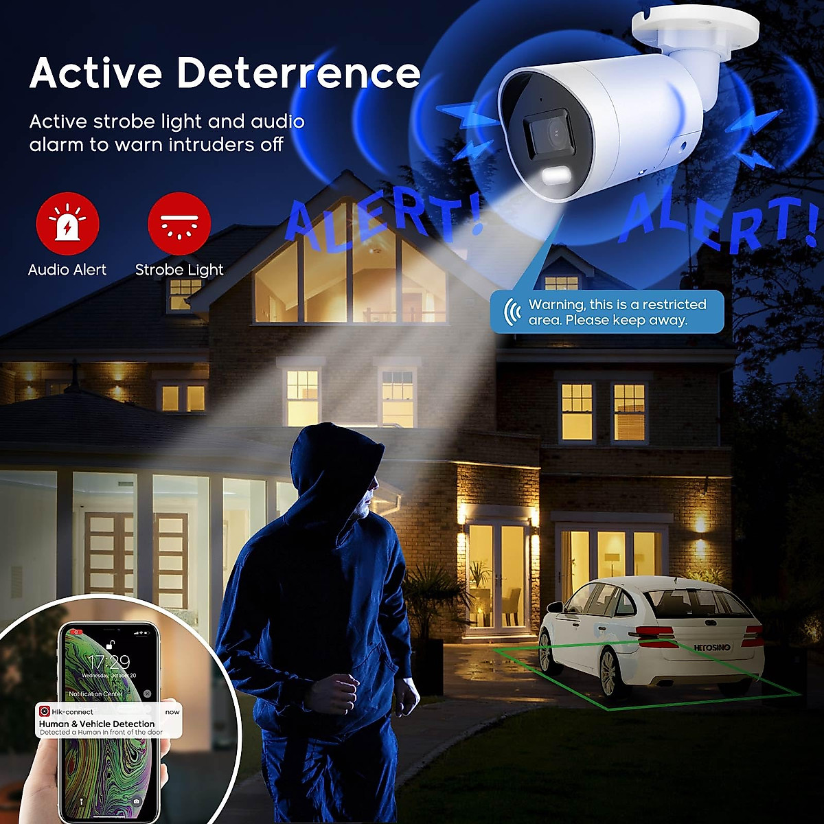 4MP Mini Bullet PoE IP Camera Outdoor, Strobe Light & Audible Warning, 131ft Full Color Night Vision, VCA, Human/Vehicle Detection, F1.0 Aperture, 2-Way Audio, 130dB WDR, 2.8mm Lens, Hik-Connect APP