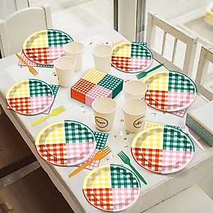 Lonfliness 96 Pcs Camp Gingham Paper Plates and Napkins Gingham Checkered Bachelorette Party Supplies Gingham Birthday Tableware Set Plaid Camping Themed Summer Party Favors Baby Bridal Shower Decor