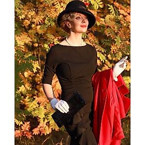 AISIZE Women's Retro 3/4 Sleeve Ruched Elegant Business Pencil Sheath Dress Black