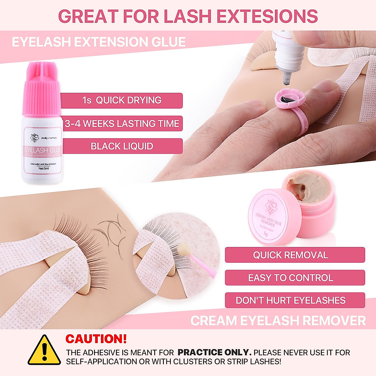 Pretty memory Lash Extension Supplies Eyelash Extension Kit, Lash Mannequin Head with Removable Eyelids Silicone Practice Set for Makeup and Eyelash Graft