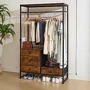 YIGOBUY Heavy Duty Garment Rack with Drawers Clothes Rack for Hanging Clothes, Industrial Clothing Racks with Shelves, 4 Fabric Drawer, Freestanding Closet Organizer, Rustic Brown