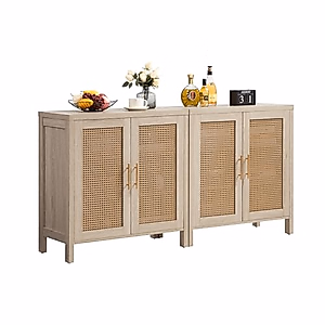 SICOTAS Sideboard Buffet Credenza Cabinet - 2 Pieces Farmhouse Coffee Bar Cabinets with Gold Mesh Doors and Storage - Industrial Accent Liquor Cabinet for Kitchen Living Room Hallway (Light Oak)