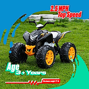 Rollplay Powersport ATV 12V Electric 4 Wheeler Featuring Oversized Wheels with Rubber Tire Strips for Added Traction, Working Headlights, and a Top Speed of 3 MPH, Black/Yellow