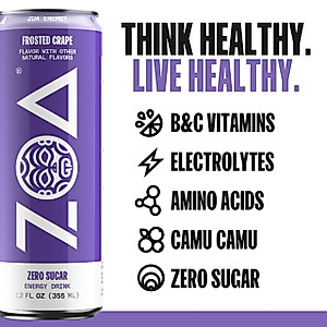 ZOA Zero Sugar Energy Drinks, Frosted Grape - Sugar Free with Electrolytes, Healthy Vitamin C, Amino Acids, Essential B-Vitamins, and Caffeine from Green Tea - 12 Fl Oz (12-Pack)