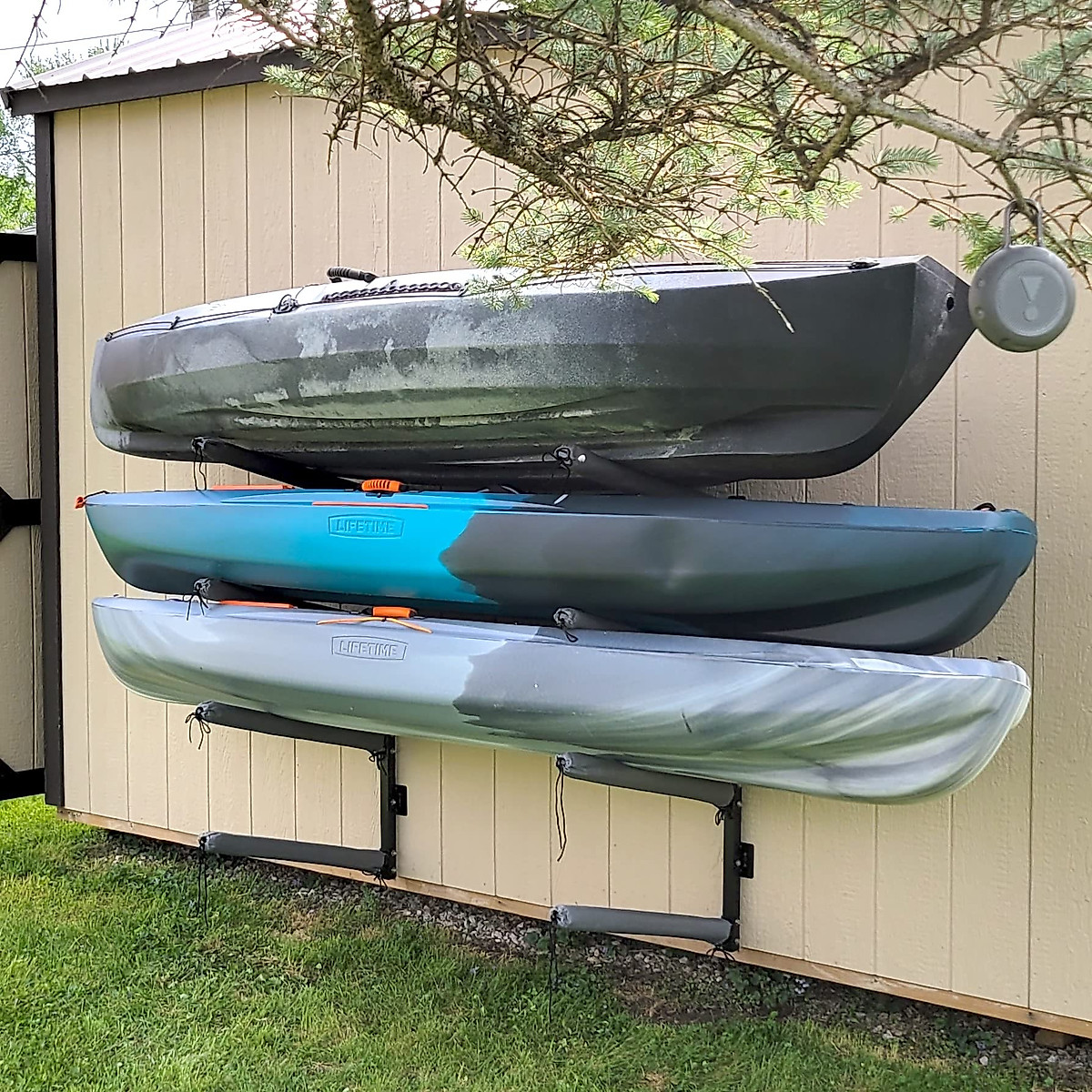 StoreYourBoard Outdoor 4 Kayak Storage Rack, Wall Mount, Holds 400 lbs, All Weather Heavy-Duty Metal Organizer, Adjustable Levels