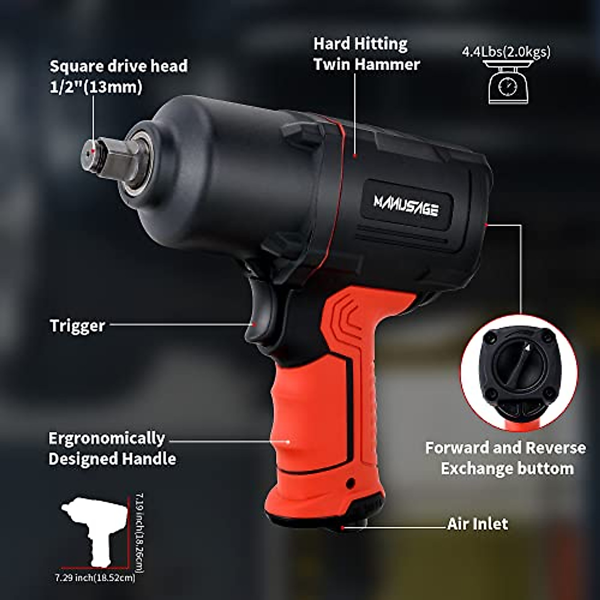 MANUSAGE Air Impact Wrench 1/2 inch with Twin Hammers, Pneumatic Heavy Duty Tools, 1200 ft-lbs Powerful Torque Output,7000RPM, Forward/Reverse, Speed Control, RP9510, Black, Red