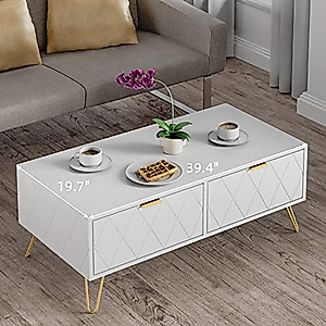 Scurrty 39.4'' Coffee Table with Large Drawers & 2 Open Storage Shelves, White Modern Coffee Tables with Gold Metal Handles for Living Room, Bedroom and Study (White)
