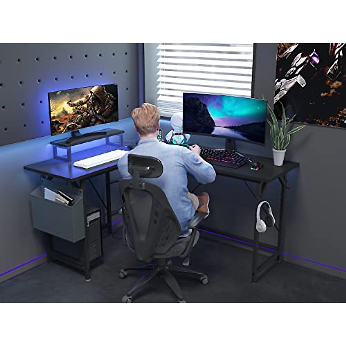 SZXKT Gaming Desk with Monitor Stand and Power Outlets,l Shaped Desk with Storage and LED Lights,Home Office Reversible Corner Computer Desk with Hooks (Black)