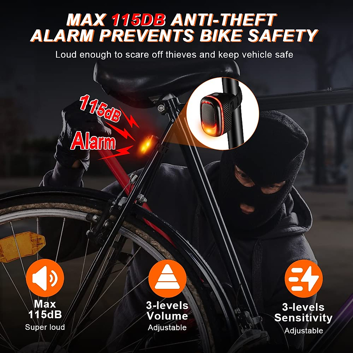 ONVIAN Bike Tail Light Alarm, USB Rechargeable Bicycle Brake Rear Light for Night Riding, Bike Alarm with Remote Bike Horn for Motorcycle Bicycle Scooter Volume Adjustable