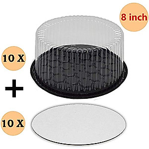 Fnoko 8 Inch Plastic Cake Container with Clear Dome Lid 7 Inch Round Cake Boards - Cake Holder with Lid is for Cake Supplies, 10 Pack of Each (8 inch)