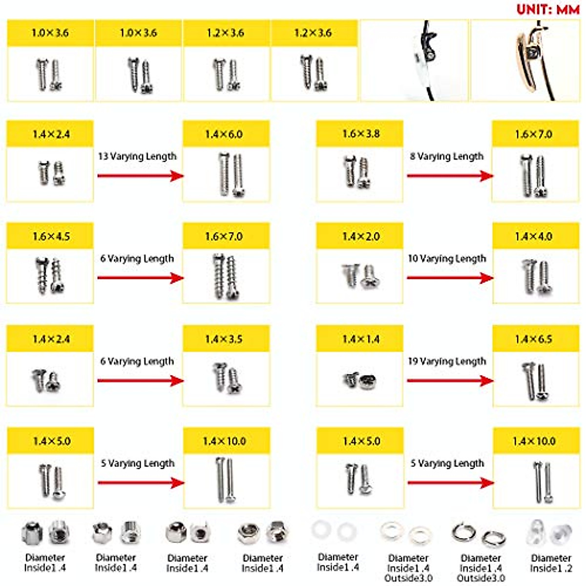Precision Screwdriver Set, Eyeglass repair kit with 10-style screwdrivers/nose pads/4 in 1 portable screwdrivers/ear hook/tweezer for eyeglasses sunglass watch calculator (with 70-style screws)